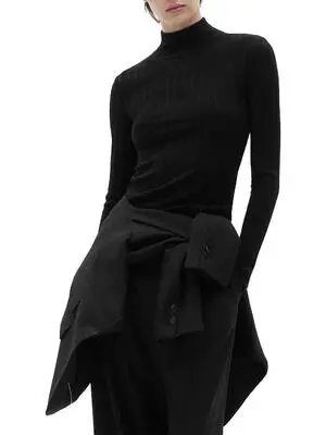 Mango Mock Neck Long Sleeve Rib Top - Black