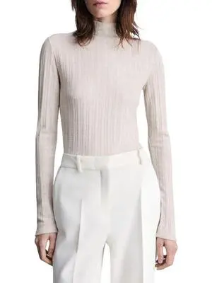 Mango Mock Neck Long Sleeve Rib Top - Light/pastel Grey