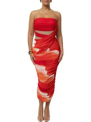 JLUXLABEL Ruched Strapless Midi Dress - Red
