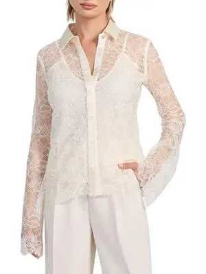 Guess Antoinette Bell Sleeve Lace Button-up Shirt - Cream White