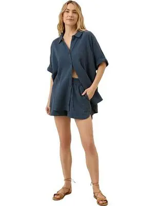 PACT Curved Hem Organic Cotton Gauze Shorts - French Navy