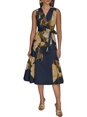 Donna Karan New York Sleeveless Faux Wrap Midi Dress - Ink Multi