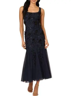 Adrianna Papell Beaded Sleeveless Mermaid Cocktail Dress - Navy Black