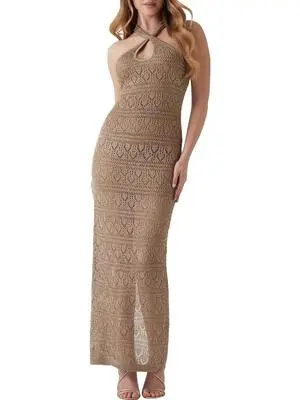 Guess Sequin Pointelle Overlay Maxi Dress Wet Sand Multi