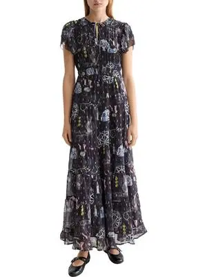Scotch & Soda Cap Sleeve Tiered Chiffon Maxi Dress - Black Mountain