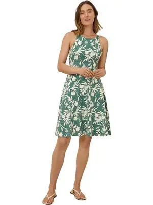 PACT Organic Cotton Fit & Flare Twist Back Dress - Tropical Palms Deep Sea