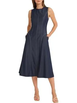 Maggy London Sleeveless Denim Midi Dress With Contrast Stitching - Indigo Denim