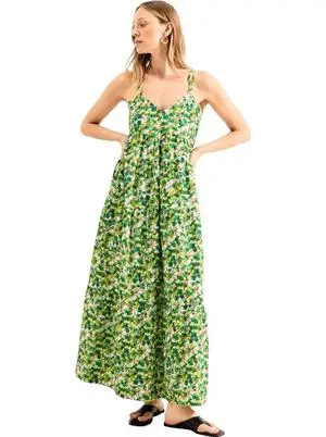 RO&ZO Ditsy Cotton Tiered Midi Dress - Green