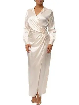 JLUXLABEL Front Wrap Long Sleeve Satin Maxi Dress - White