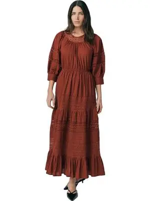 GHOST LONDON Leoni Lace Trim Cotton Midi Dress - Burgundy