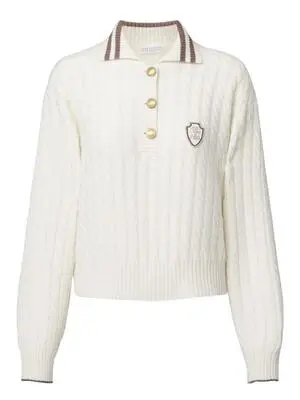 Brunello Cucinelli Logo Cable-knit Cashmere Polo Sweater - White