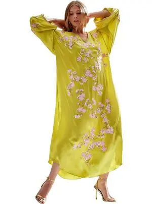 Natori Couture Sakura Embroidered Silk Caftan - Yellow