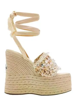 NAKED WOLFE 140mm Peony Beaded Woven Wedge Sandals - Neutrals