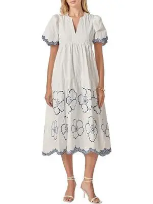 English Factory Embroidered Puff Sleeve Cotton Sundress - Ivory/ Navy