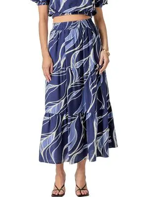 English Factory Printed Tiered Maxi Skirt - Navy/ Blue Multi