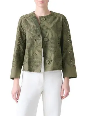 Akris Diamond Cotton Eyelet Crop Jacket - Khaki