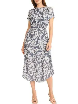 Maggy London Floral Smocked Waist Midi Sundress - Slate/ Cream