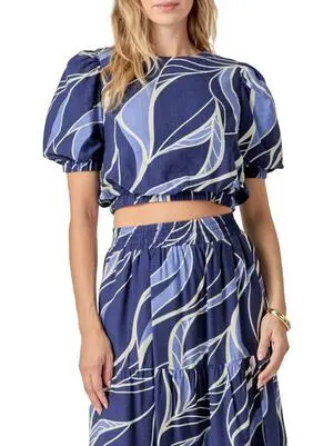 English Factory Printed Puff Sleeve Crop Top - Navy/ Blue Multi