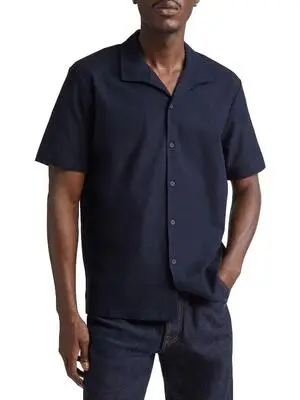 Sunspel Short Sleeve Textured Jersey Button-up Shirt - Midnight Navy