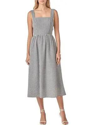 English Factory Gingham Sleeveless Midi Dress With Tie Back - Black/ White Gingham