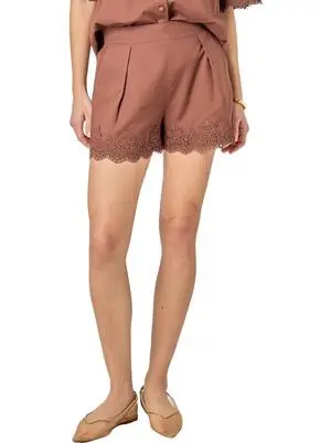 English Factory Lace Trim Linen & Cotton Blend Shorts - Chocolate Brown