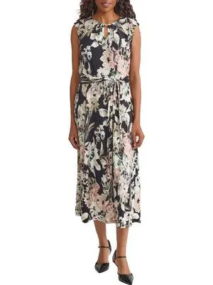KASPER Printed Tie Waist Sleeveless Midi Dress - Black Multi