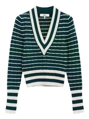 Chloé Striped V-neck Sweater - Green