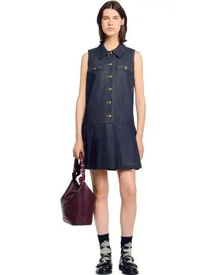 Sandro Sleeveless Mini Denim Shirt Dress - Deep Blue