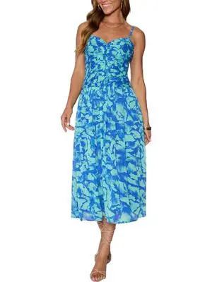 VICI Floral Print Drop Waist Midi Dress - Cobalt