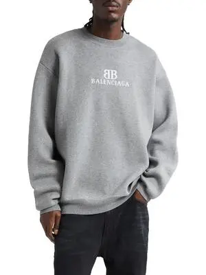 Balenciaga Bb Logo Jacquard Crewneck Sweater - Heather Grey/ White