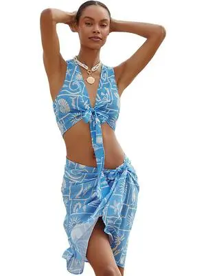 CELANDINE Printed Tie-Front Crop Top Blue Print