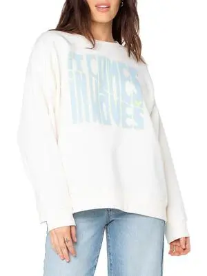 Roxy Oversized Graphic Fleece Sweatshirt - Egret Comes In Waves