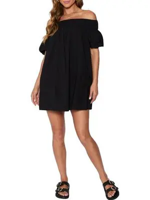 VICI Lydia Smocked Off-the-shoulder Cotton Mini Dress - Black