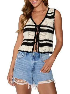VICI Striped Open Stitch Sweater Vest - Cream/ Black