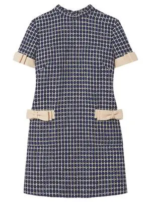 Valentino Garavani Bow-embellished Checked Wool-blend Bouclé Mini Dress - Blue