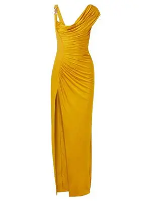 Versace Embellished Crepe And Pleated Satin Gown Marigold