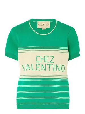 Valentino Garavani Embroidered Striped Cotton T-shirt - Green