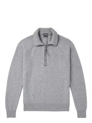 TOM FORD Leather-trimmed Wool And Cashmere-blend Half-zip Rollneck Sweater - Gray