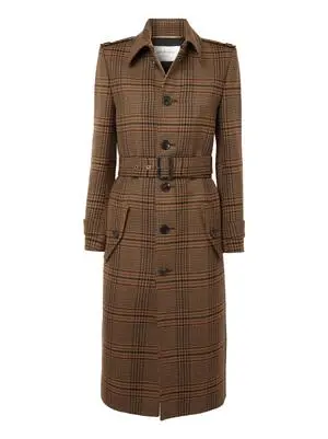 Saint Laurent Belted Checked Wool Trench Coat - Brown