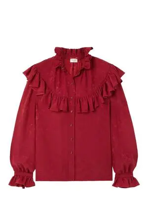 Saint Laurent Floral Silk-jacquard Ruffled Blouse - Red