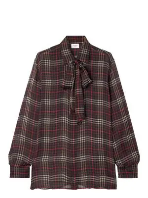 Saint Laurent Pussy-bow Checked Silk-chiffon Shirt - Burgundy