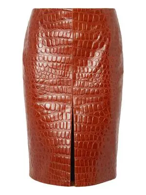 Saint Laurent Croc-effect Leather Pencil Skirt - Brown