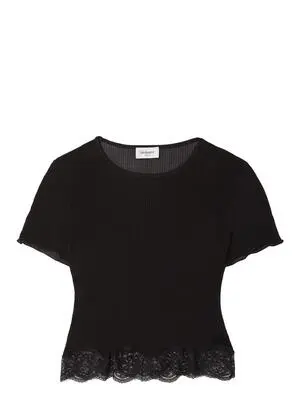 Saint Laurent Cropped Lace-trimmed Ribbed Silk Top - Black