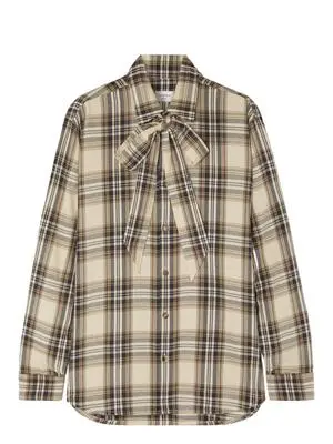 Saint Laurent Pussy-bow Checked Cotton-blend Shirt - Neutrals