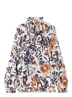 La DoubleJ Cerere Ruffled Tie-detailed Printed Crepe Blouse - White