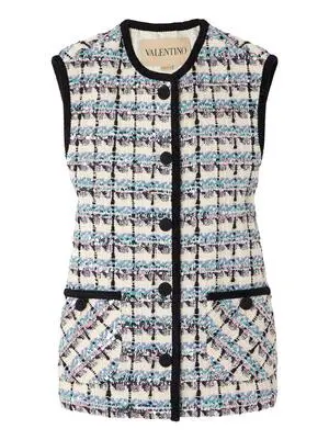 Valentino Garavani Sequined Checked Tweed Gilet - Cream