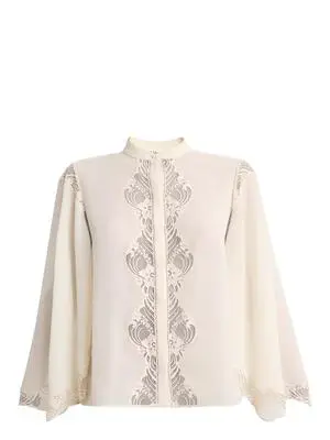 CHLOÉ Lace Placket Tulip-Sleeve Silk Blouse
