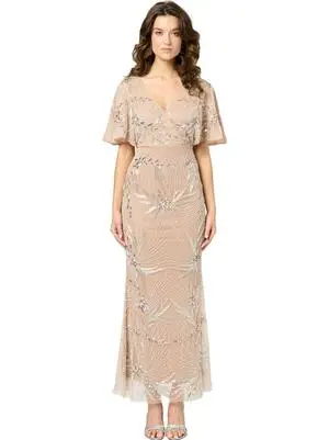 BEAUUT Embellished Sequin Beaded Maxi Dress With Cape Sleeve - Taupe Blush