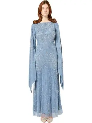 MARYISA Modest Embellished Sequin Beaded Maxi Dress With Long Sleeves - Powder Blue