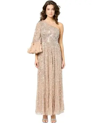 BEAUUT One Shoulder Sequin Maxi Dress - Taupe Blush